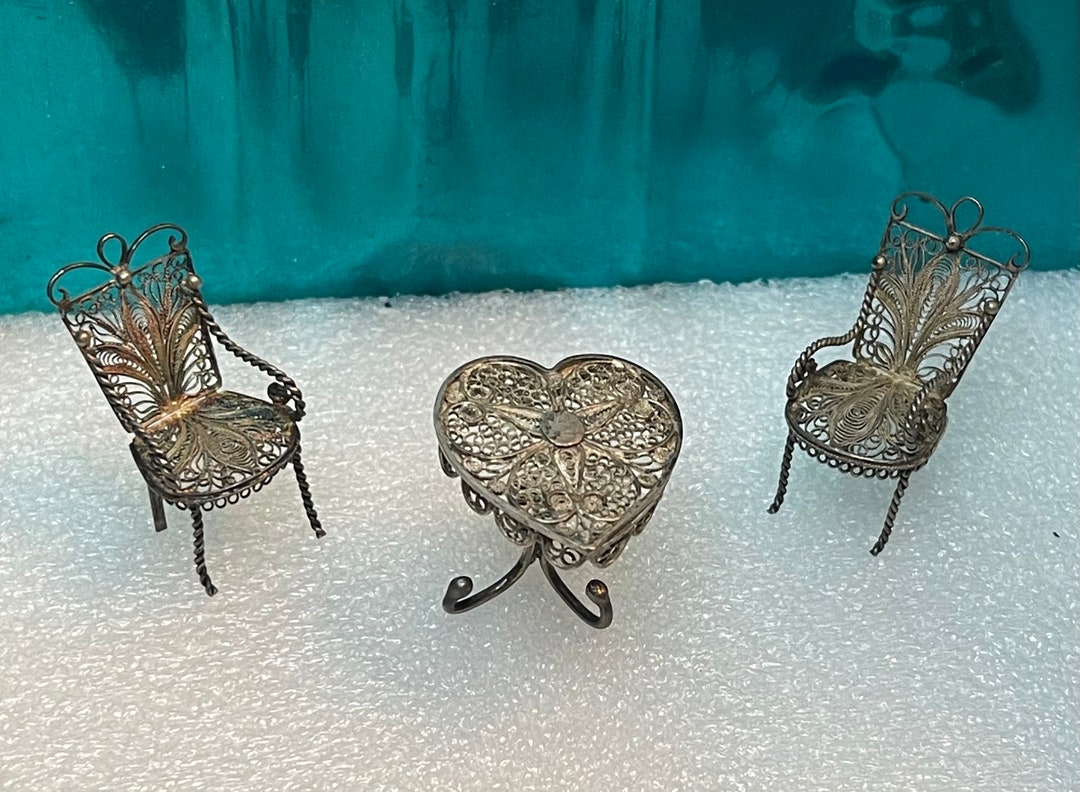 Antique Miniature Filigree Silver Furniture- Dollhouse- Decor 3 Pieces ...