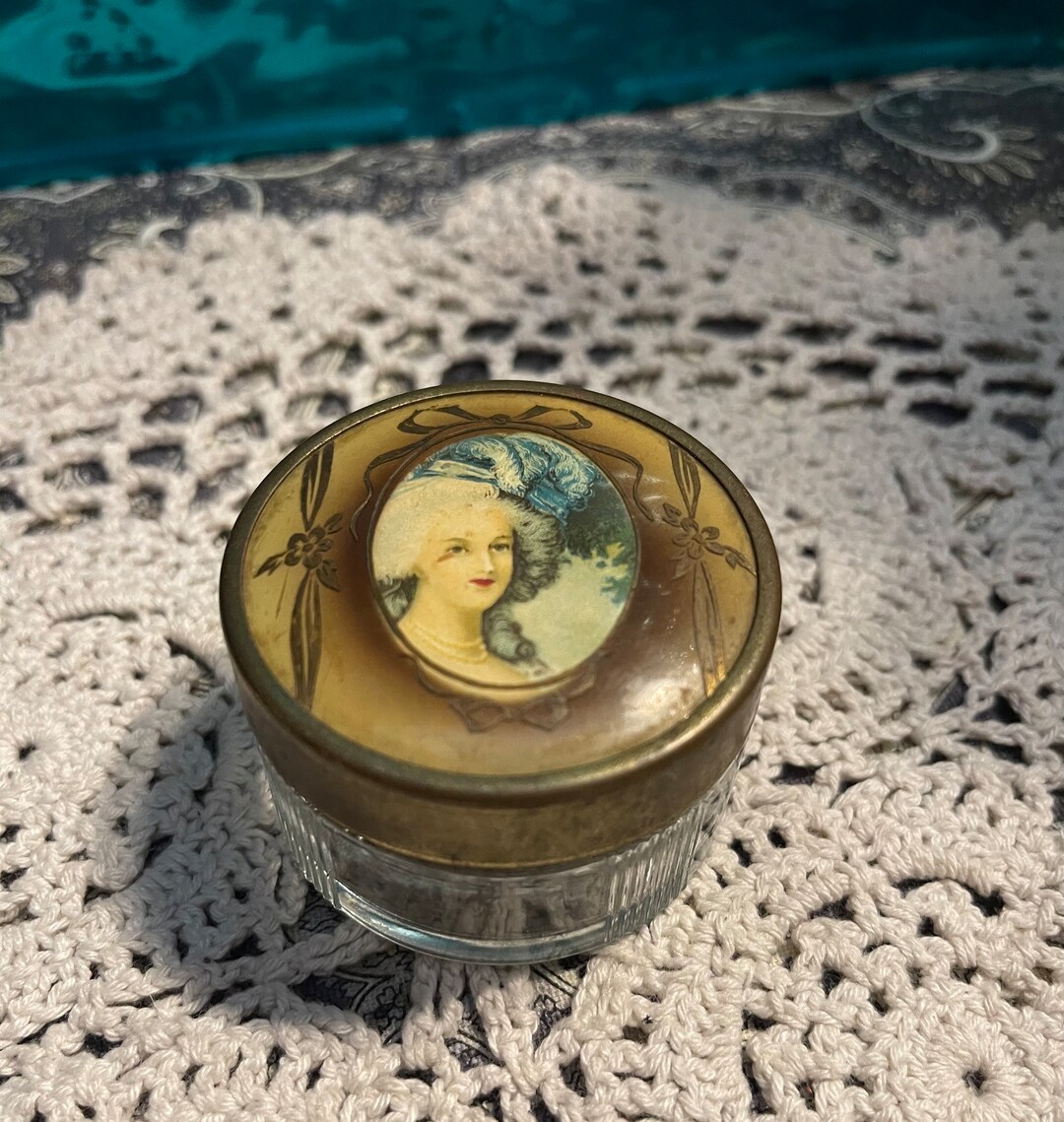 Antique or Vintage Lided Glass Powder or Cream Jar With Metal Lid With ...