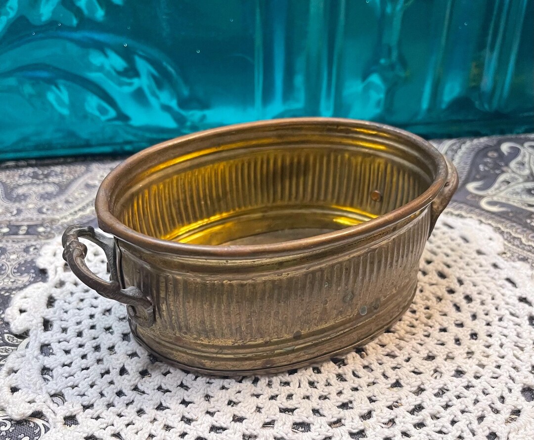 Vintage Small Oval Bras Planter With Handles - Aged - Heavy Patina - Etsy
