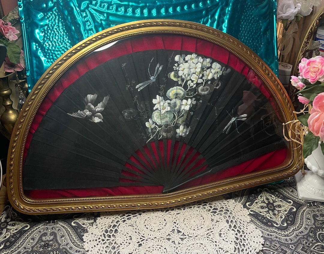 Vintage Large Shadow Box Framed Black Fan Dragonfly Bird Flowers on Red ...