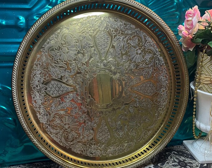 Vintage Large 15 Inches Diameter Round Etched Reticulated Rim Brass ...