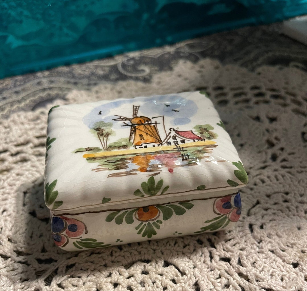 Vintage Small Ceramic Painted Windmill Trinket Box - Etsy