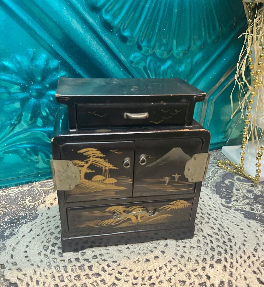 Vintage Small Lacquered Japanese Jewelry Chest With Metal Hardware ...