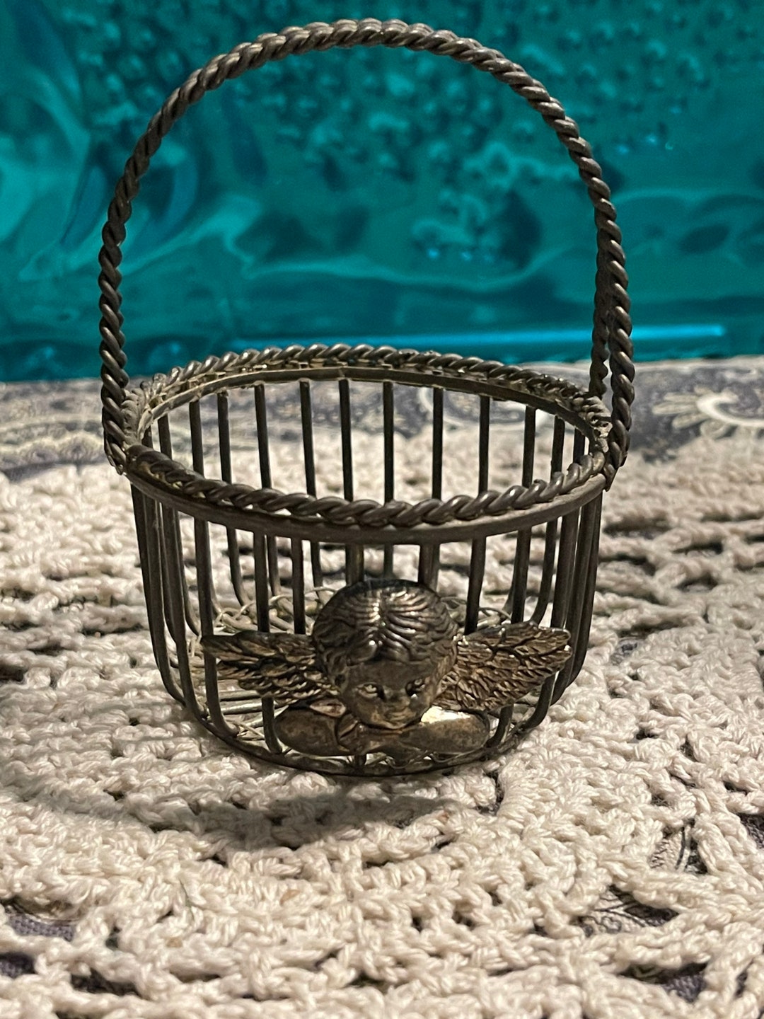 Vintage Small Silver Plated or Silver Tone Basket With Cherub - Aged - Etsy