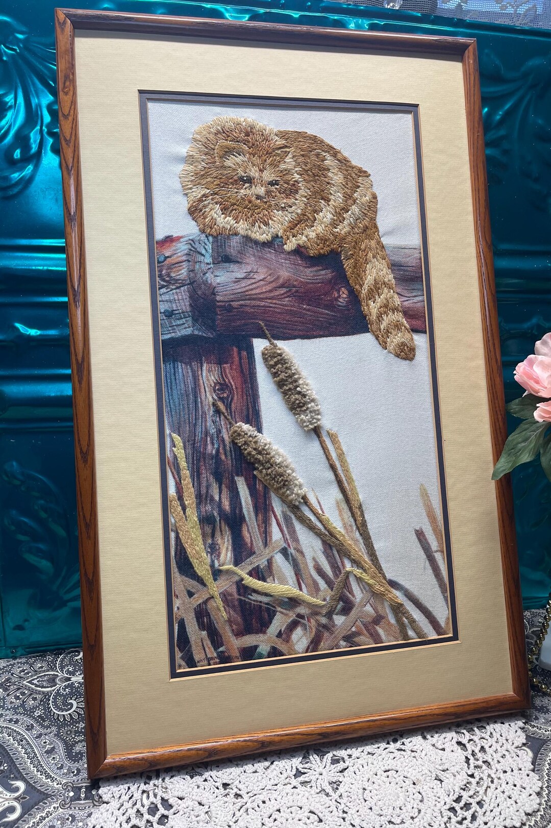 Vintage Wood Framed Cat Crewel Fabric Art on Printed Background - No ...