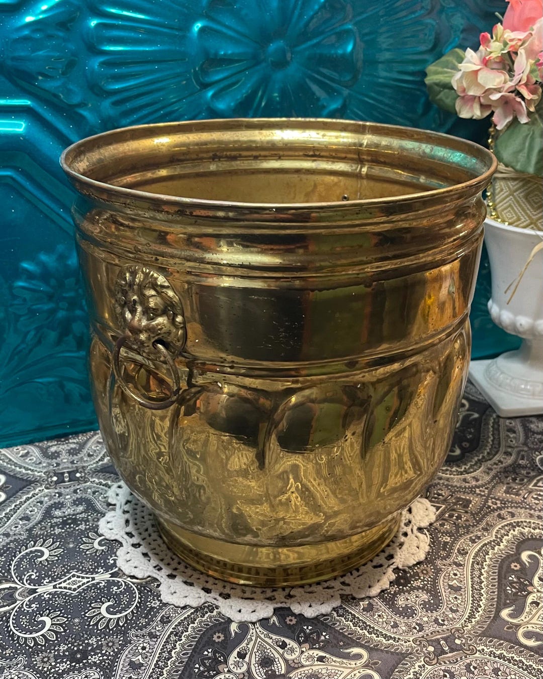 Vintage Unique England Brass Planter With Lion Heads- Aged - Etsy