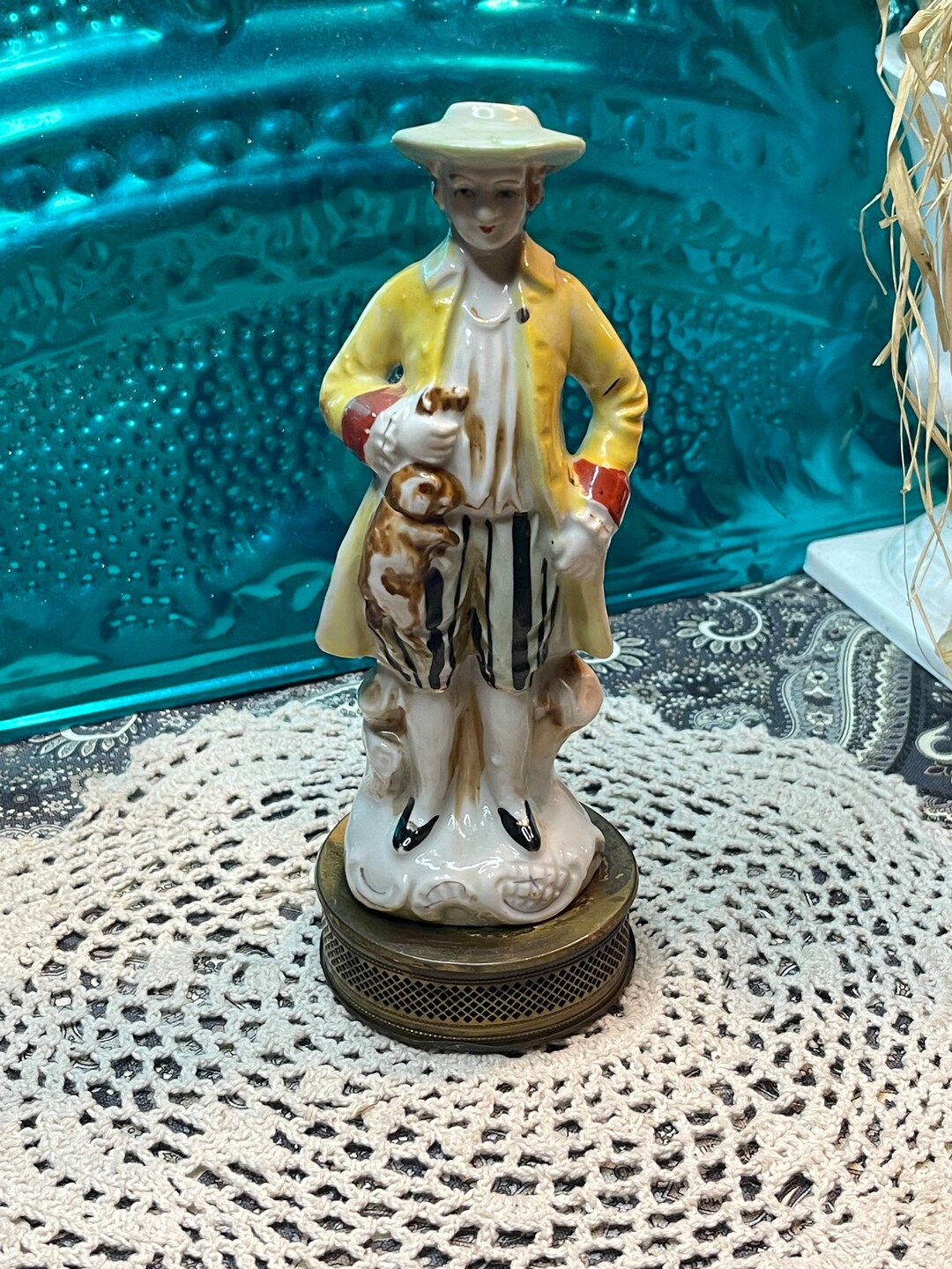 Vintage Aged Ceramic Figurine- Victorian Style Gentleman Holding Rabbit ...