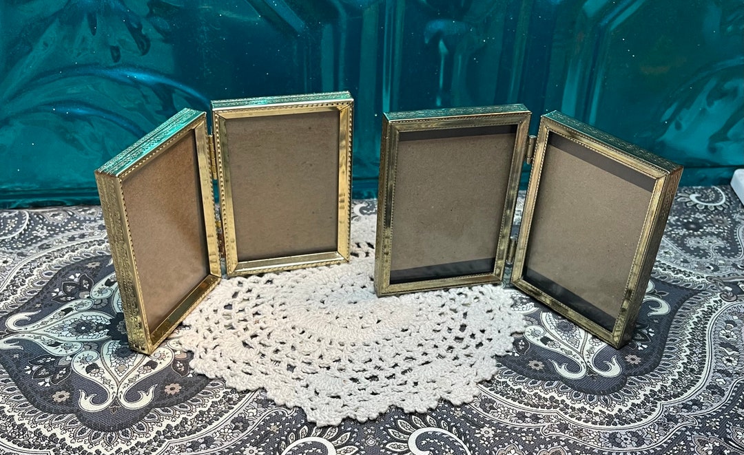 Vintage Small Gold Tone Metal Photo Frames Set of 2 - Bi Fold Slide in ...