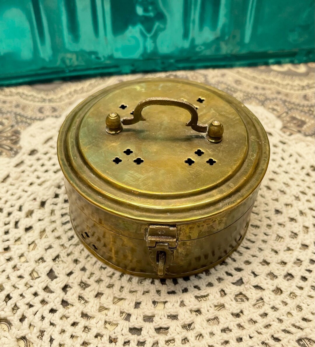 Vintage Round Hinged Lid Perforated Brass Box - Trinket Box - Keepsake ...