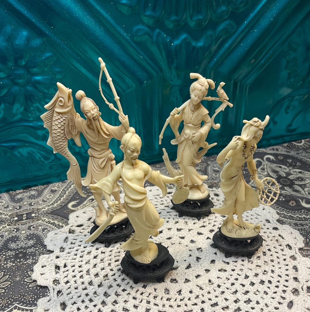 Vintage Small Plastic Like Asian Statues on Ornate Base Made in Italy ...