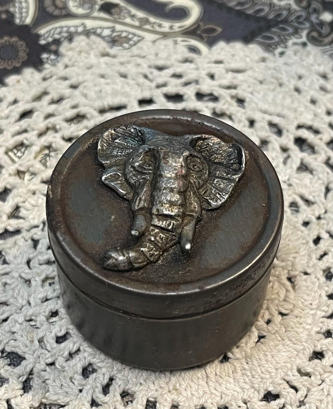 Vintage Small Tin With Pewter Elephant on Lid- Clearly Showing Its Age ...