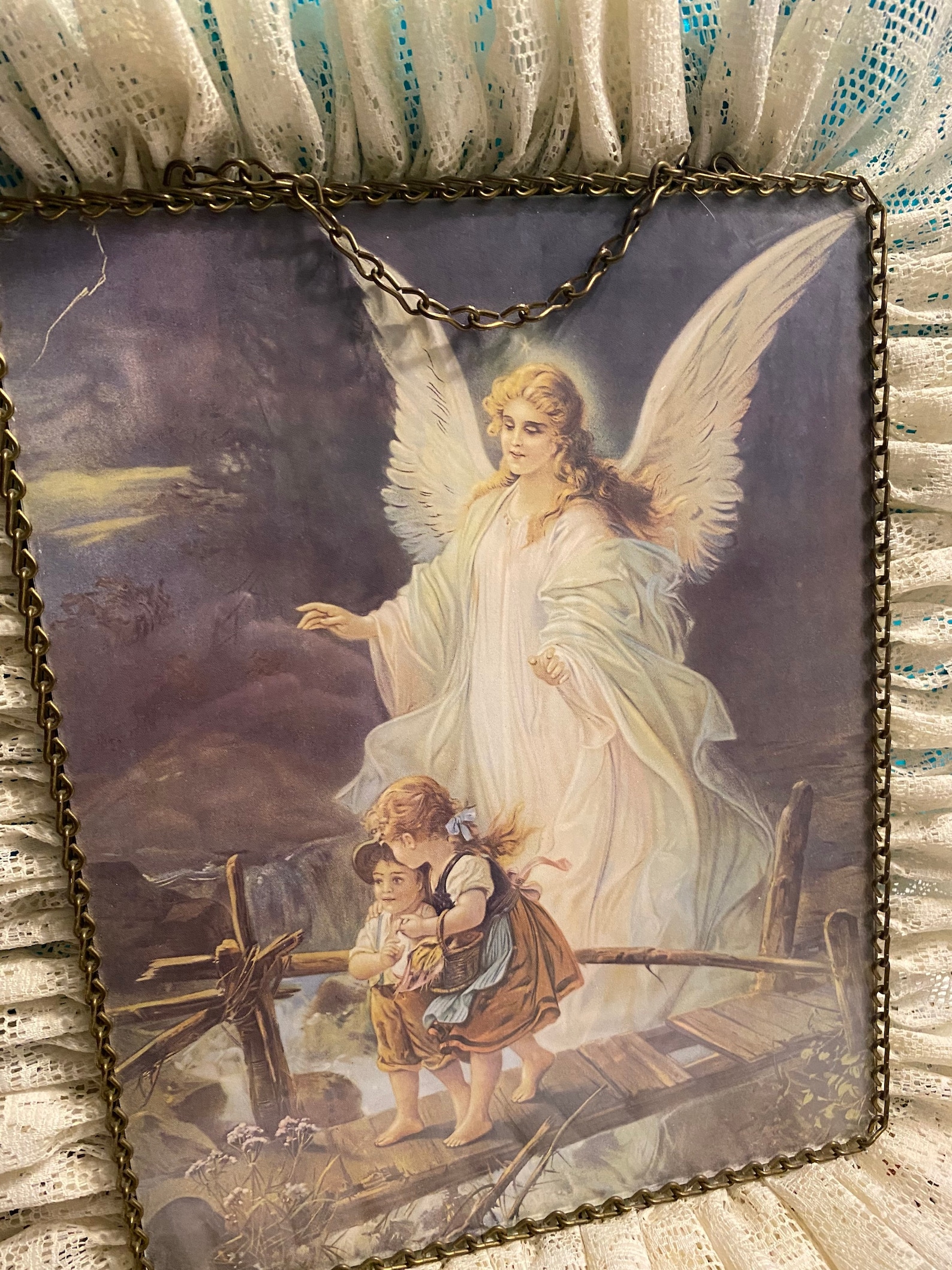 Vintage guardian Angel print framed with chain and lace | Etsy