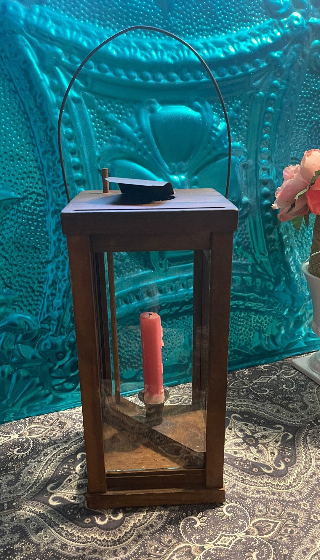 Vintage Wood Glass Candle Lantern With Manual Candle Lift Aged - Etsy