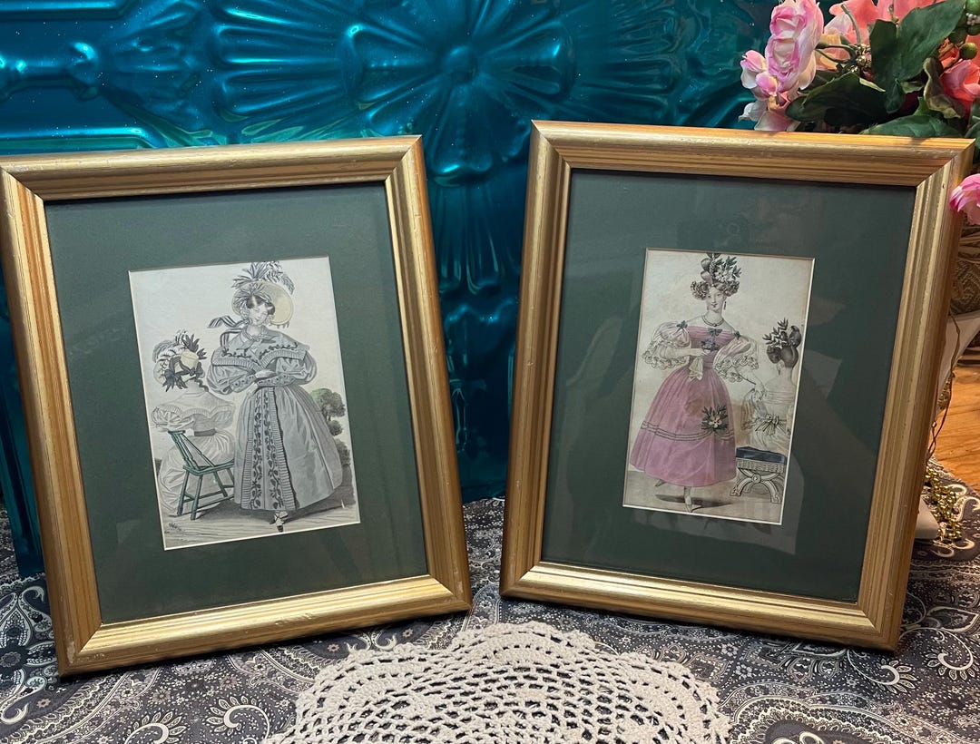 Antique Set of 2 Framed Fashion Prints in Vintage Gilded Frames- One is ...