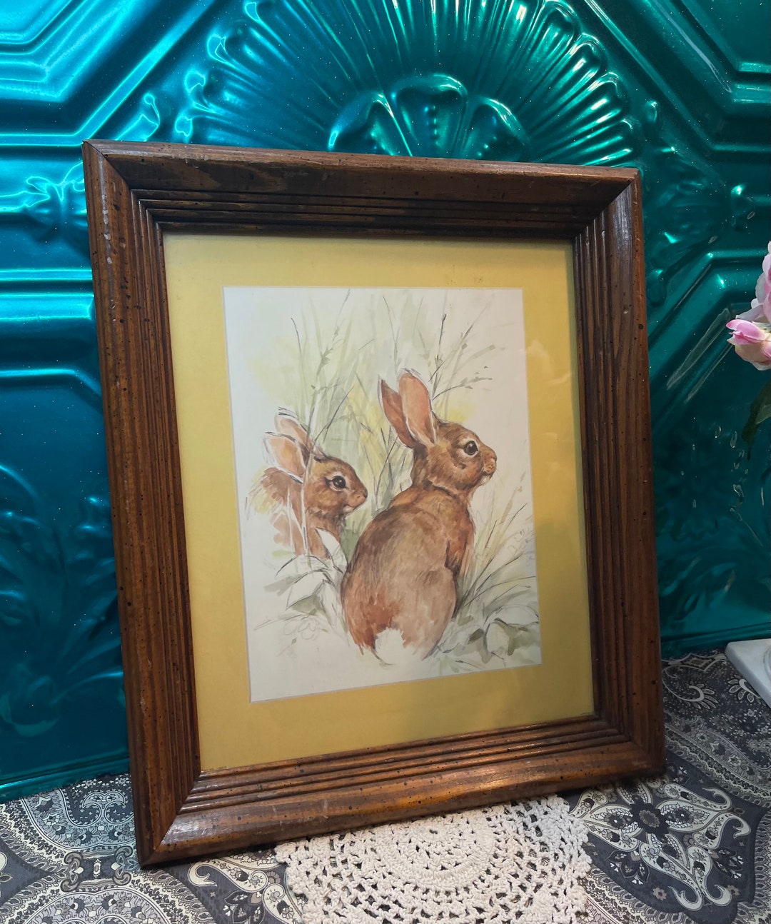 Vintage Wood Framed Bunnies - Rabbits Print- Lithograph - Aged - Etsy