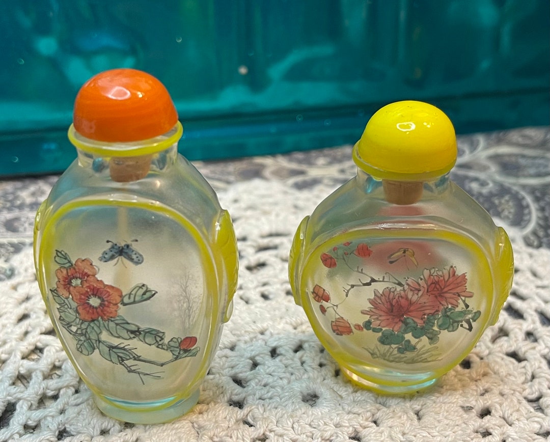 Vintage Small Inside Painted Chinese Bottles- Set of 2 - Flowers ...