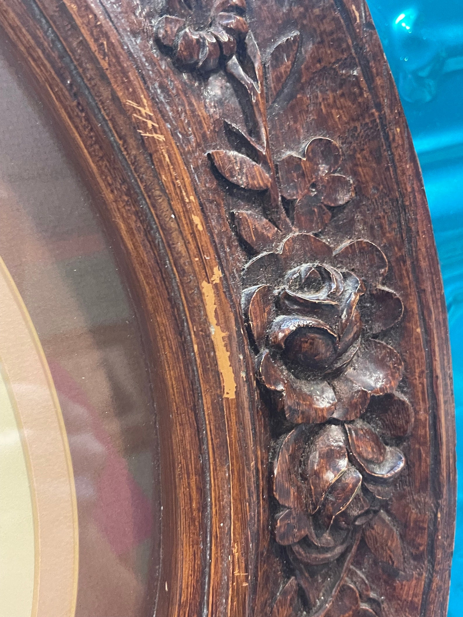 Vintage Large Faux Wood Carved Look Roses Frame With Floral Print Aged ...