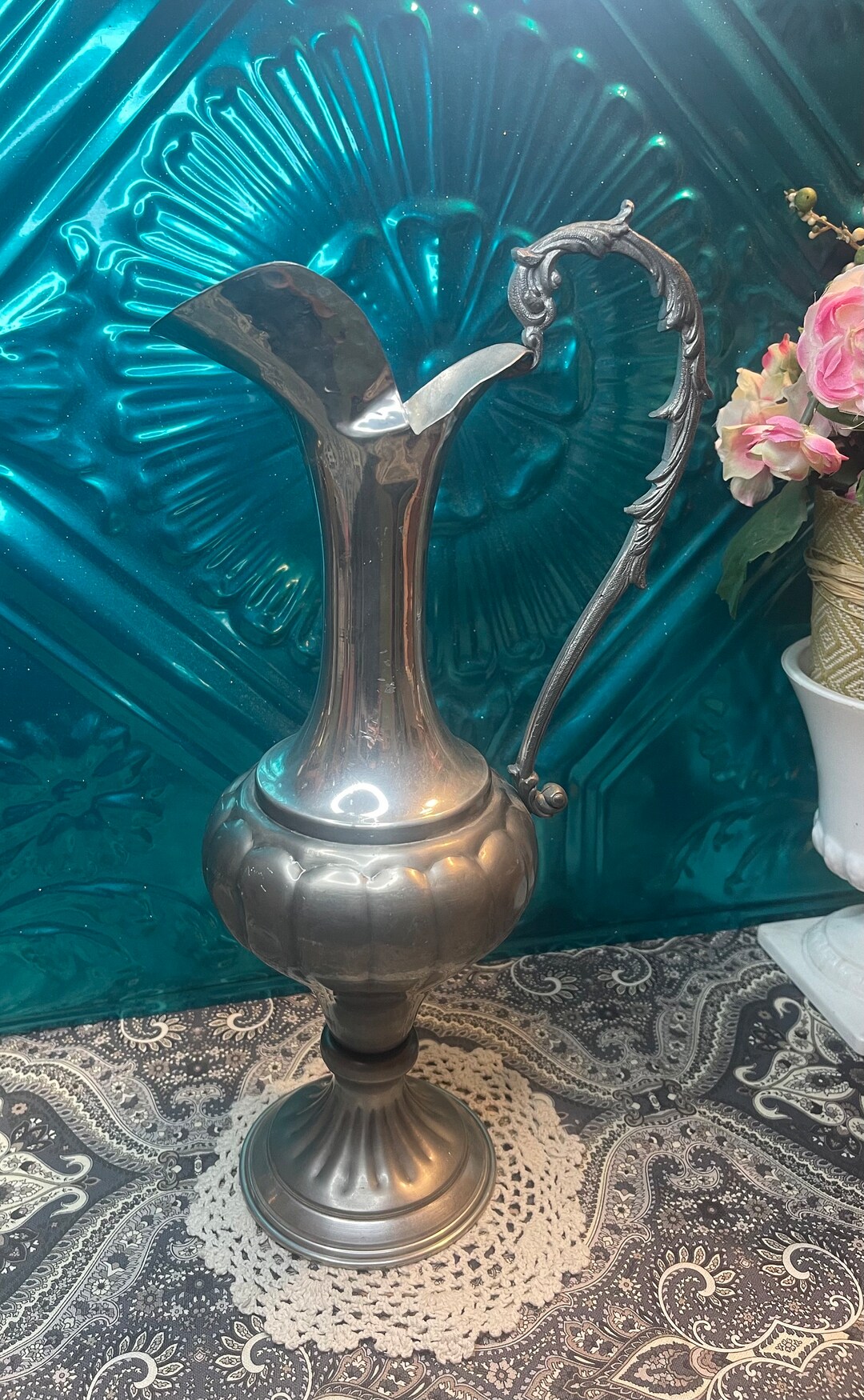 Vintage Italy 95 Peltro Pitcher- Ewer- Vase - Ornate Handle - Clearly ...