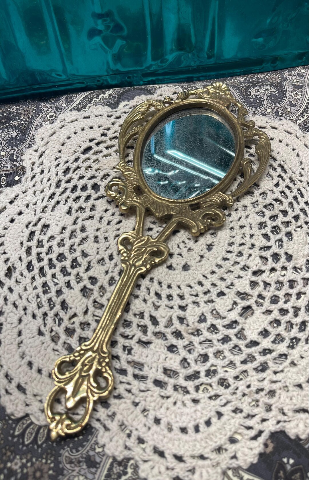Vintage Ornate Brass Hand Mirror- Vanity Mirror - Cloudy Mirror-aged - Etsy