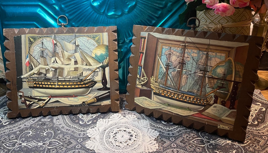 Vintage Rustic Wood Wall Plaques With Nautical Picture- Set of 2 Aged ...