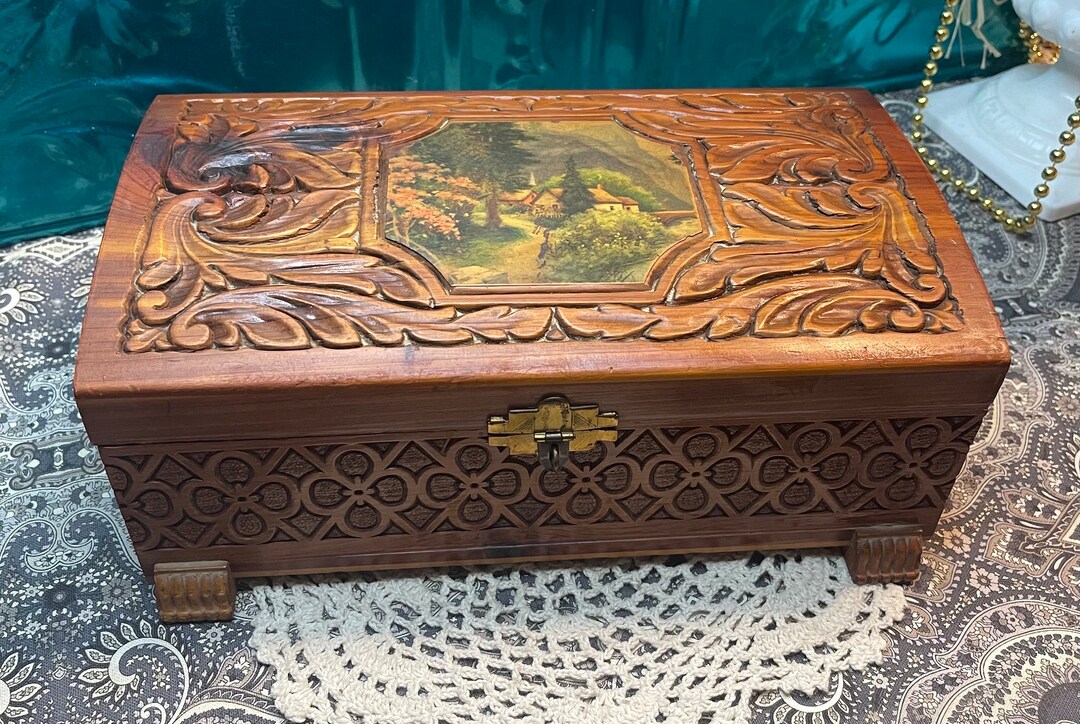 Vintage Hinged Caved Wooden Box With Picture- Mirror Inside - Aged ...