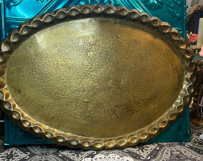 Vintage Large Etched Brass Tray or Wall Decor With Hanger Aged - Etsy