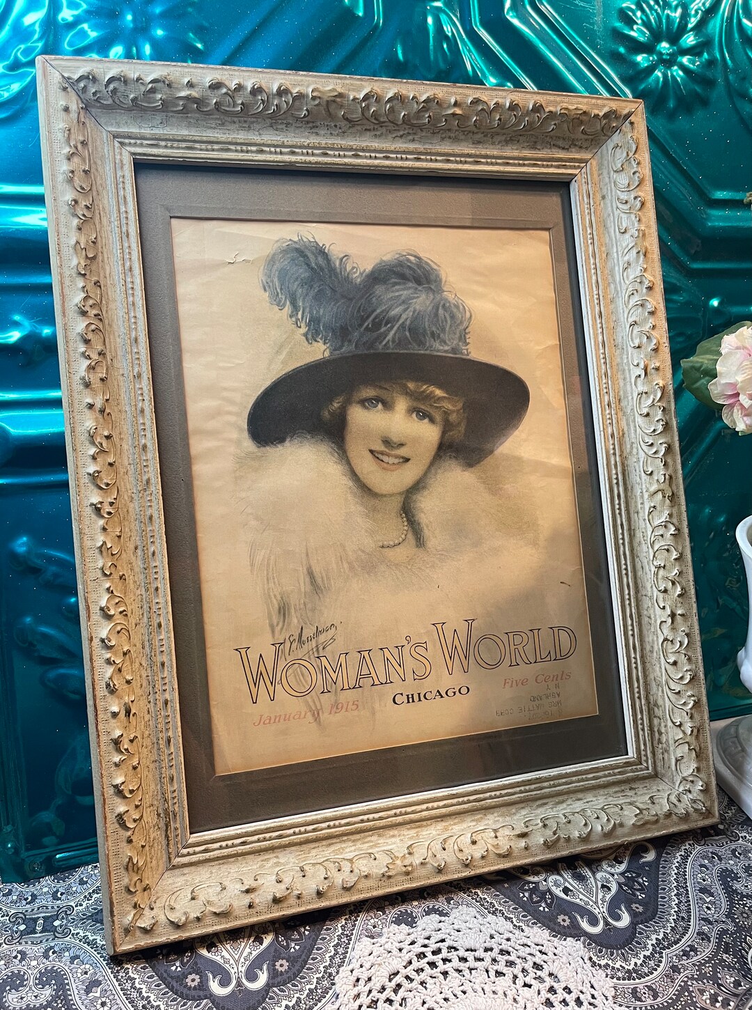 Antique 1915 Magazine Cover Lady Print in Aged Ornate Wood Frame - Etsy