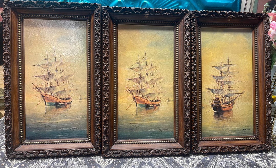 Vintage Set of 3 Textured Ship Prints - Nautical- Maritime in Plastic ...