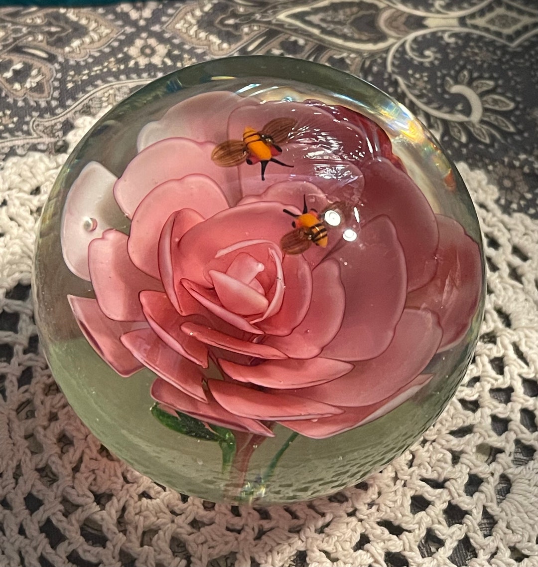 Vintage Heavy 1.14 Lbs Glass Paperweight With Flower and Bees - Etsy