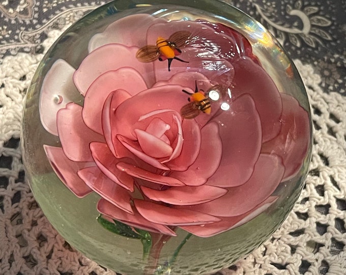 Vintage Heavy 1.14 Lbs Glass Paperweight With Flower and Bees - Etsy