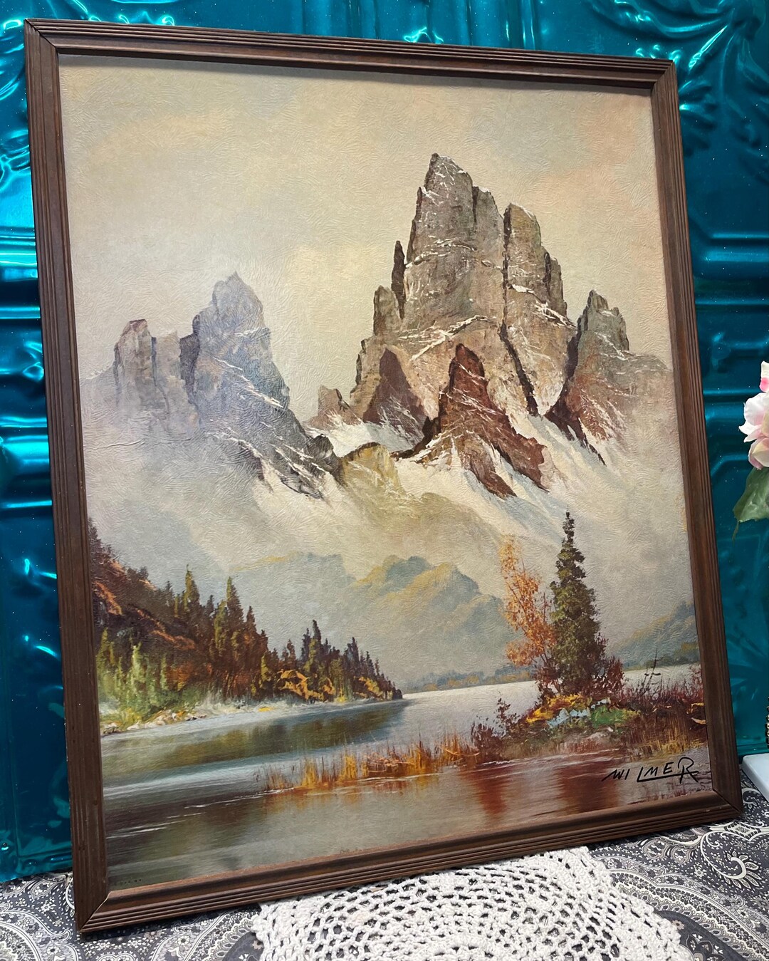 Vintage Wood Framed Textured Lithograph Print of Lake - Mountains ...