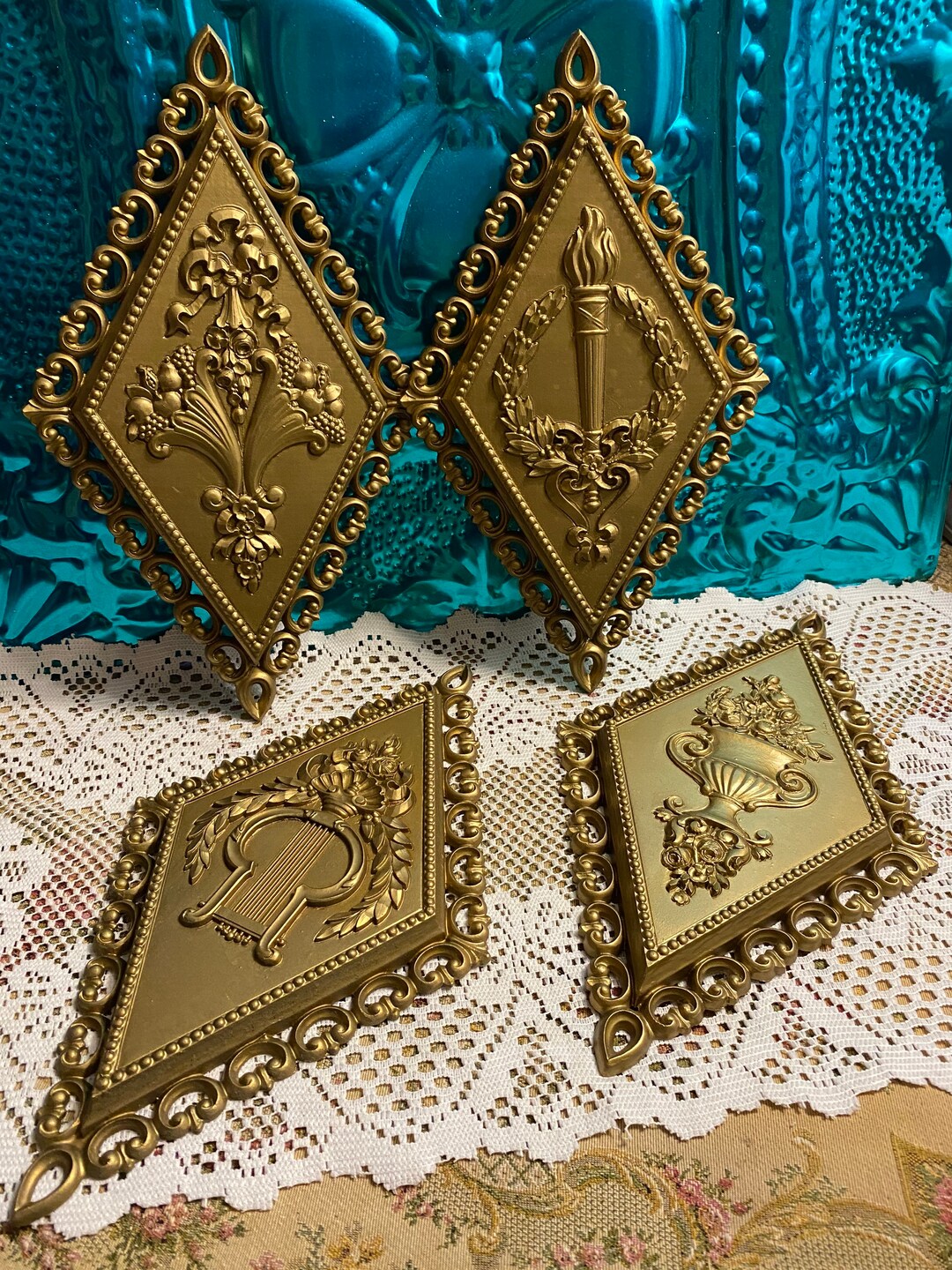 Vintage Gold Diamond Shaped Plastic Wall Plaques by Homco Hollywood ...