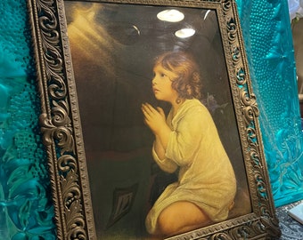 Infant Samuel in Prayer Metal Frame Vintage Print Praying Convex Glass ...