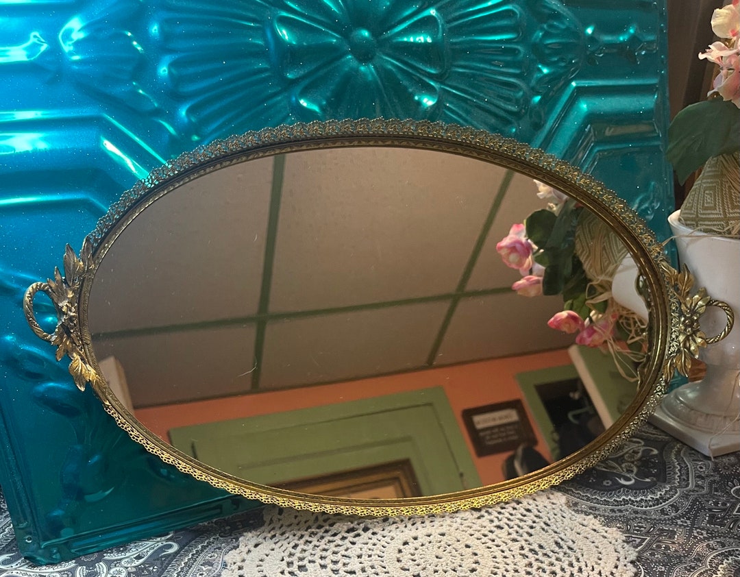 Vintage Large Ornate Mirrored Filigree Gold Metal Vanity Tray - Floral ...