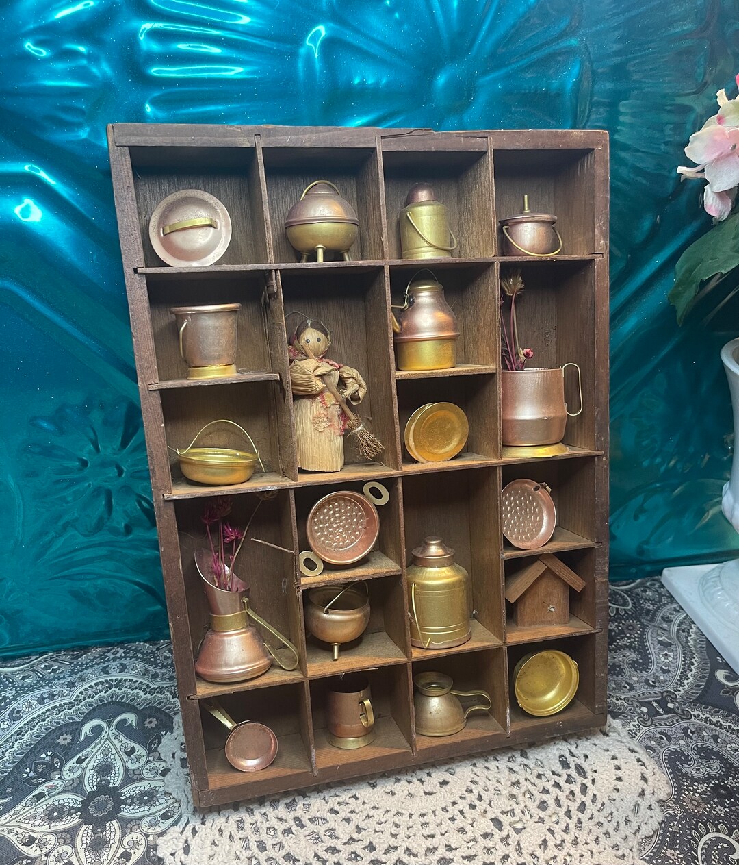 Vintage Wood Display Box With Miniature Kitchen Items Copper and Brass ...