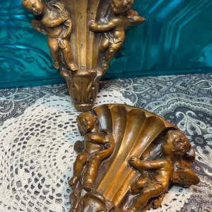 Vintage Lightweight Wood Cherub Wall Decor - Small Wall Pocket- Set of ...