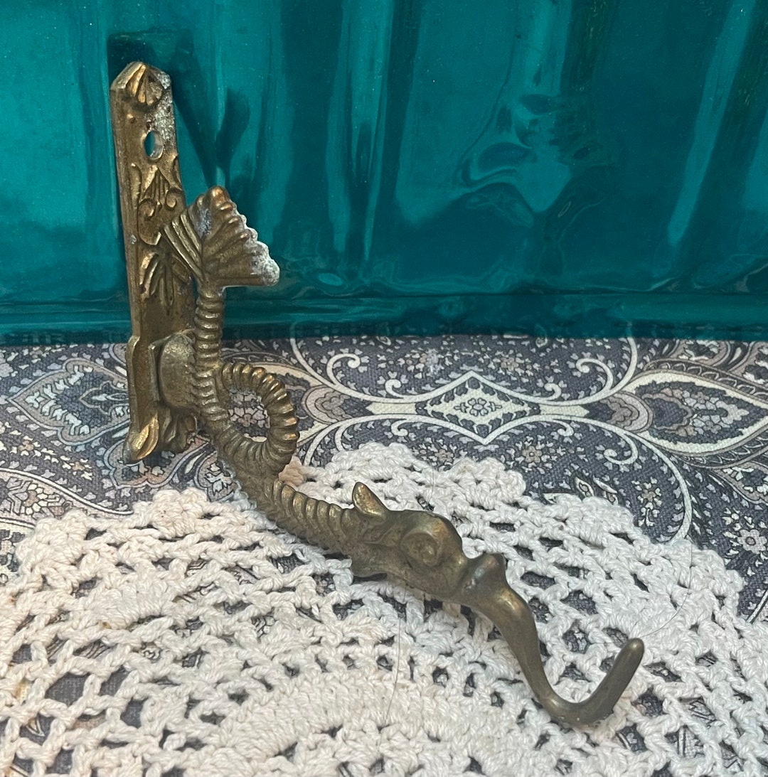 Vintage Brass Fish or Serpent Wall Hook Bell Hook Tarnish Verdigris ...