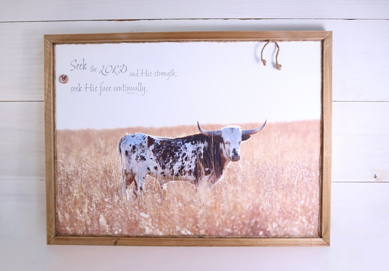Cow Art Print With Scripture, Cow Wall Art on Canvas, Longhorn Cow Picture With Bible Verse ...
