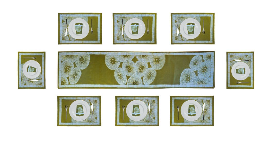 Batik Olive Green Table Runner Set table Runner / 8 Placemats - Etsy UK