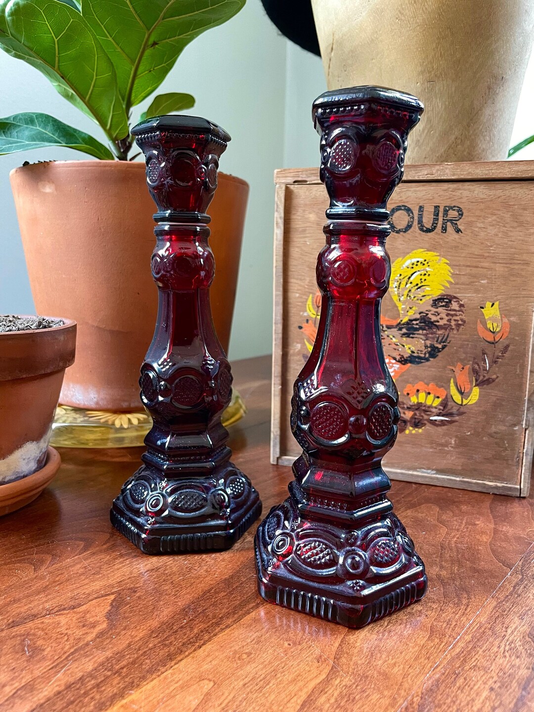 Set of 2 80s Avon Ruby Red Glass Candlestick Holders Perfume Bottles ...