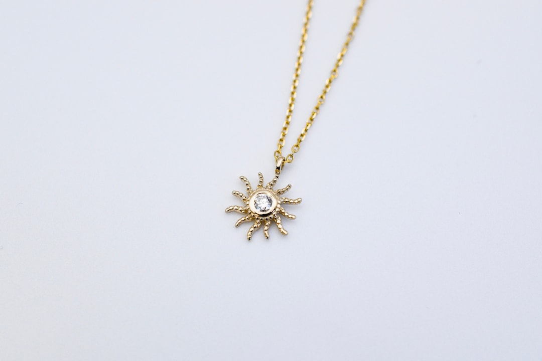 14K Gold Charm: Natural Diamond Sun - Delicate Solar Pendant, Solid ...