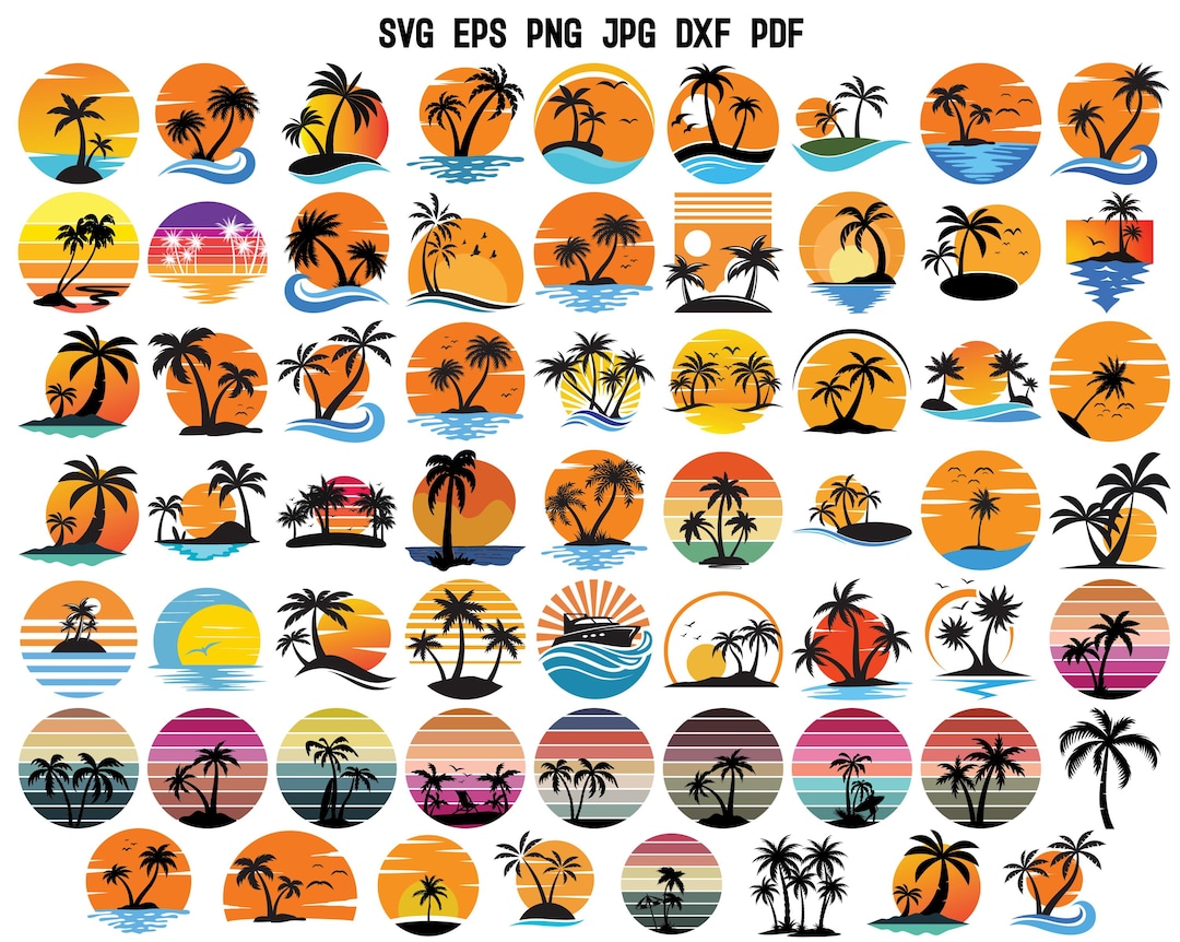 Retro Sunset SVG | Vintage Sunset Clipart | Beach Sunset SVG | Palm ...