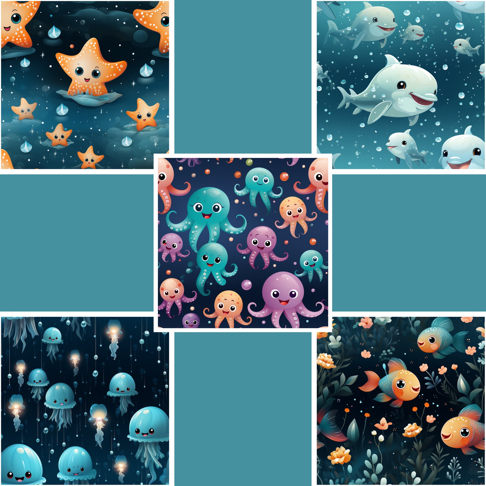 Seamless Sea Creature Digital Prints Cartoon Dolphin, Starfish ...