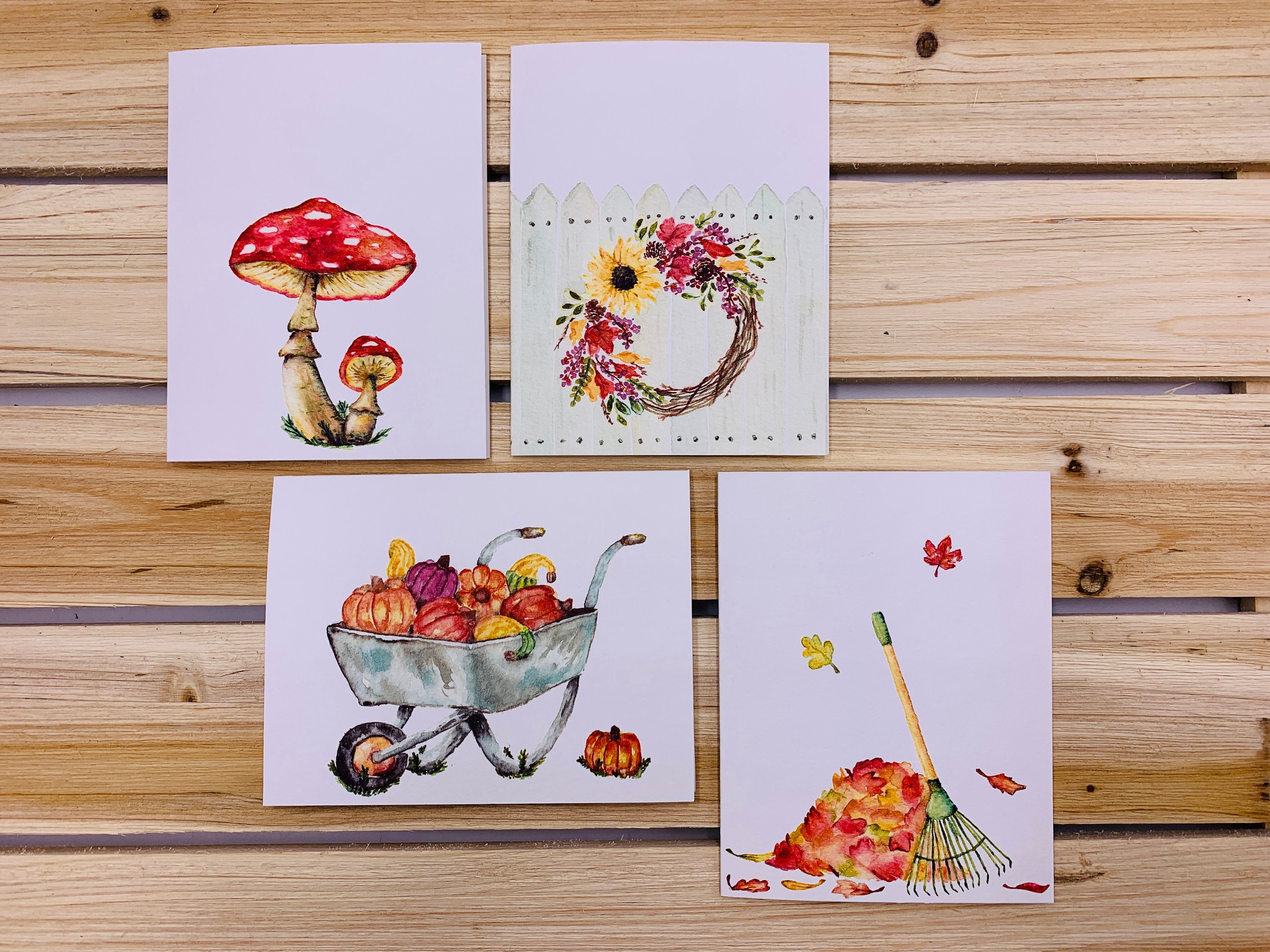 Watercolor Fall Themed Note Card Set | 4 Cards With Kraft Envelopes ...