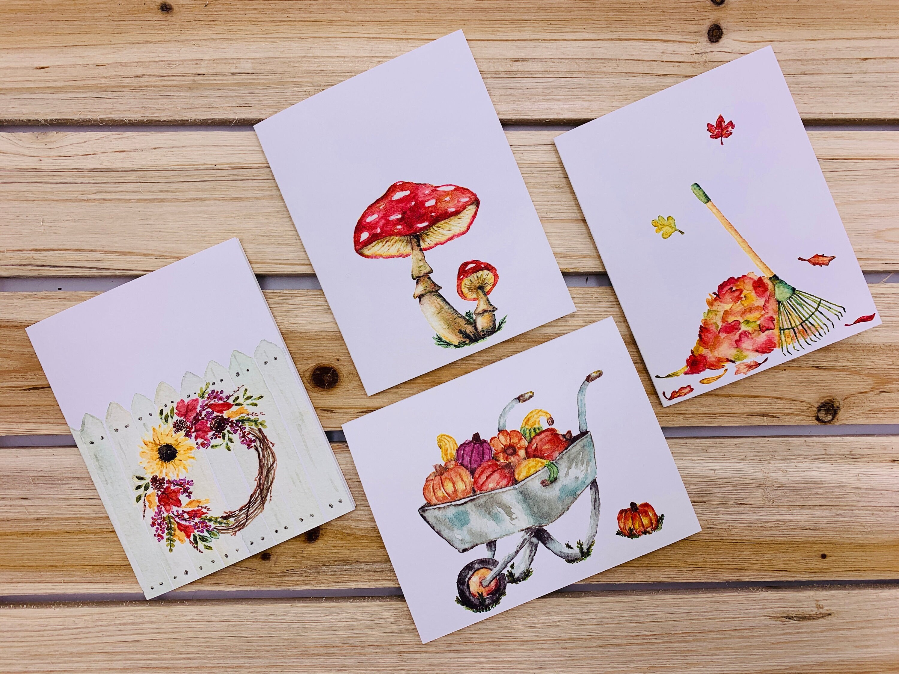Watercolor Fall Themed Note Card Set | 4 Cards With Kraft Envelopes ...