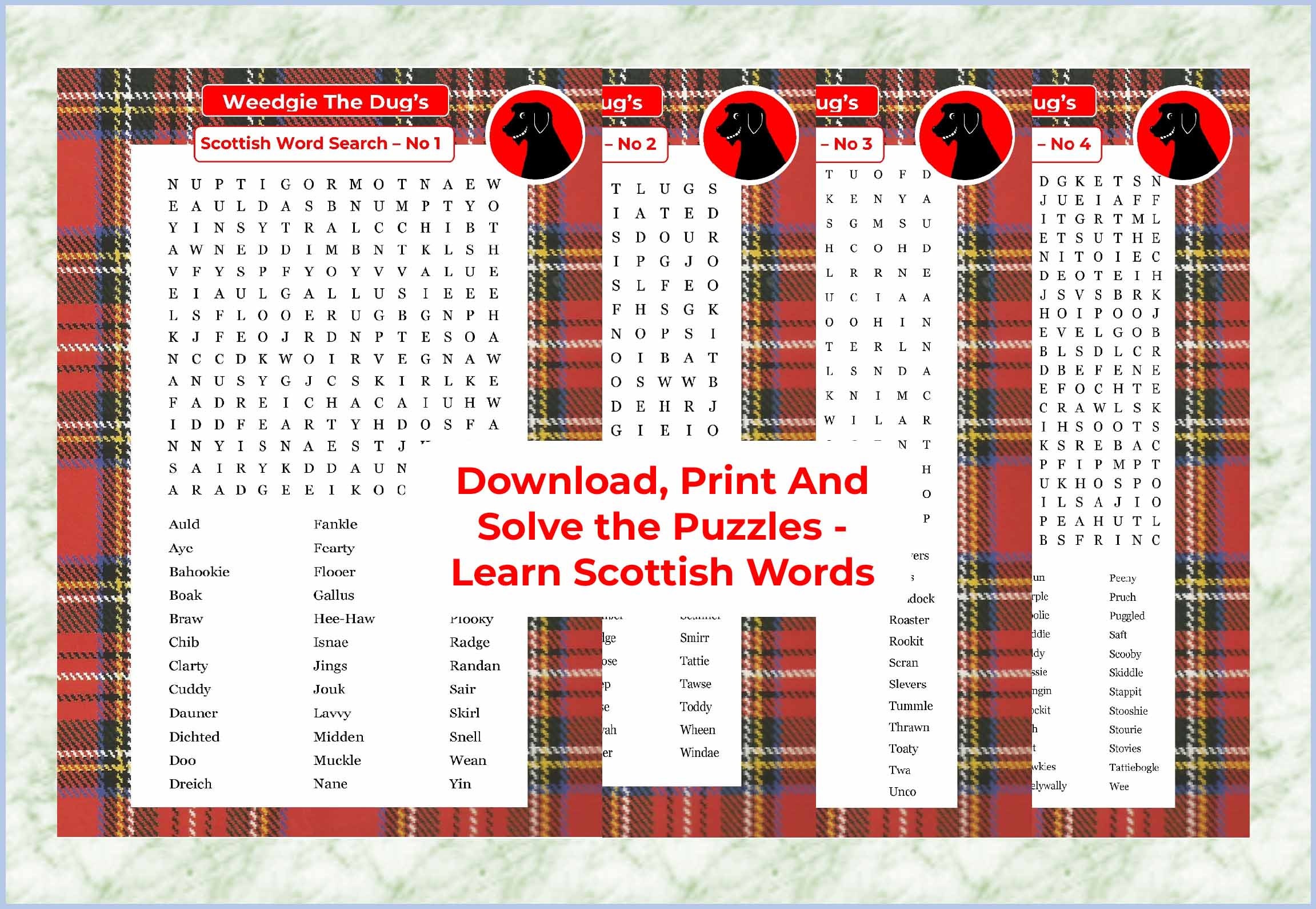Printable Scottish Word Search by Weedgie the Dug, 4 Puzzles Plus ...