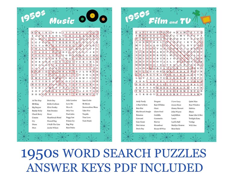 1950s Word Search Puzzles: Music, Film & TV (2 Pdfs) - Etsy