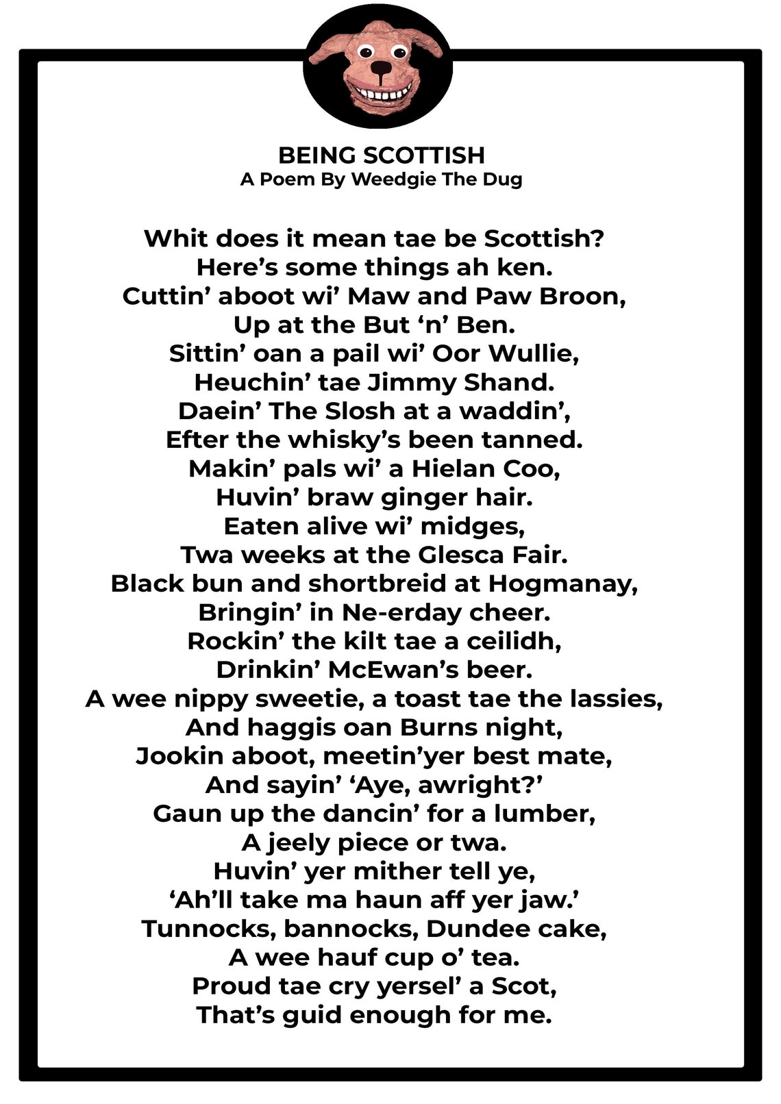 Printable Scottish Poem by Weedgie the Dug, Being Scottish, Funny Poem ...