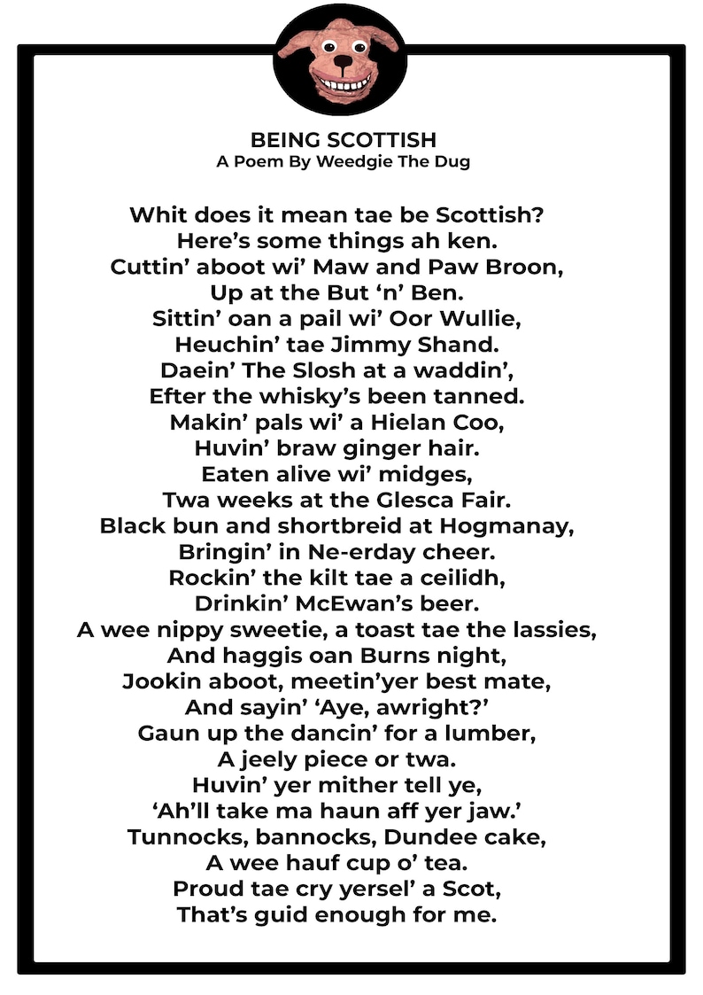 Printable Scottish Poem by Weedgie the Dug, Being Scottish, Funny Poem ...