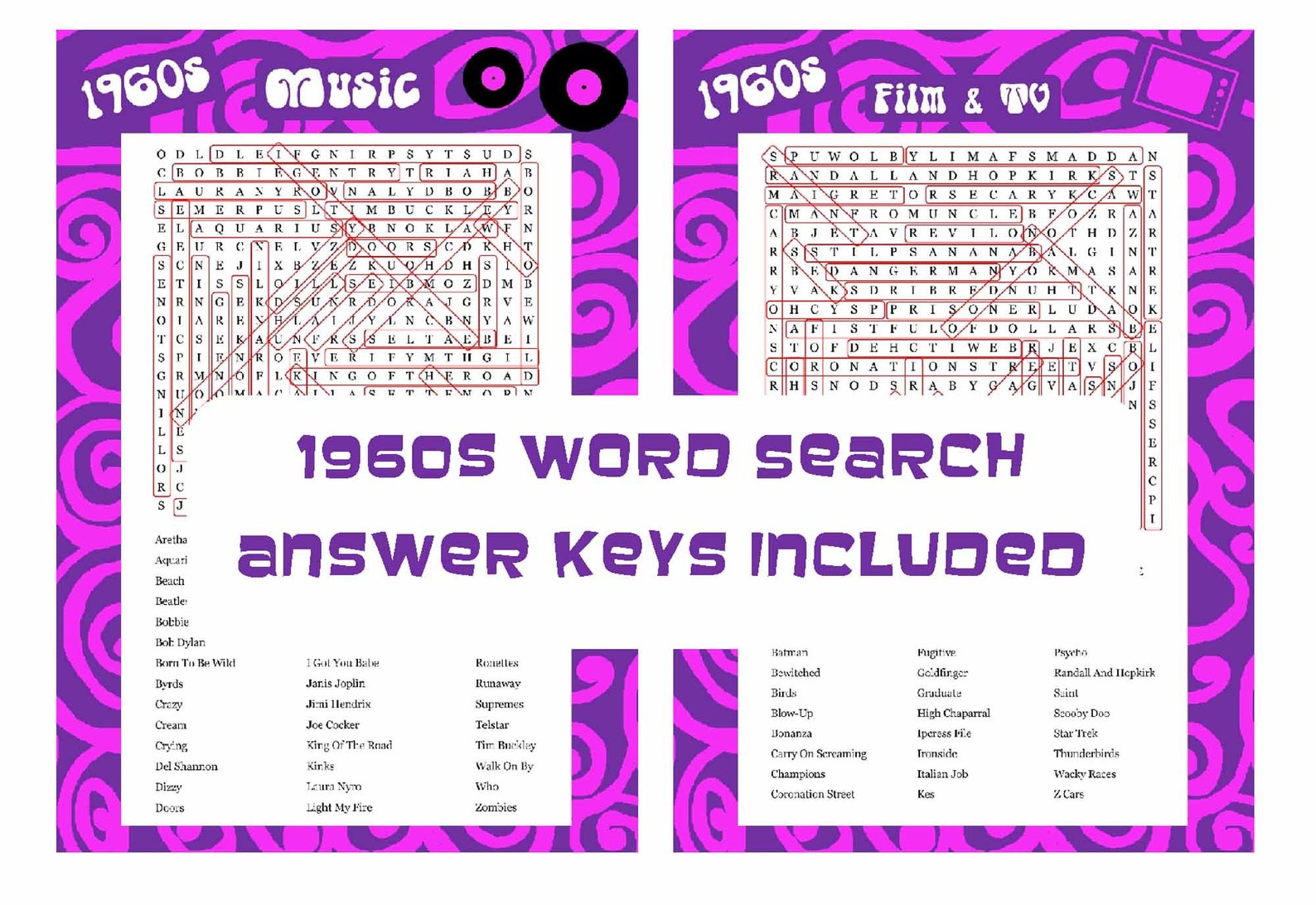 Printable Word Search Puzzles, 1960s, Music, Film & TV, 2 Pdfs, Answer ...